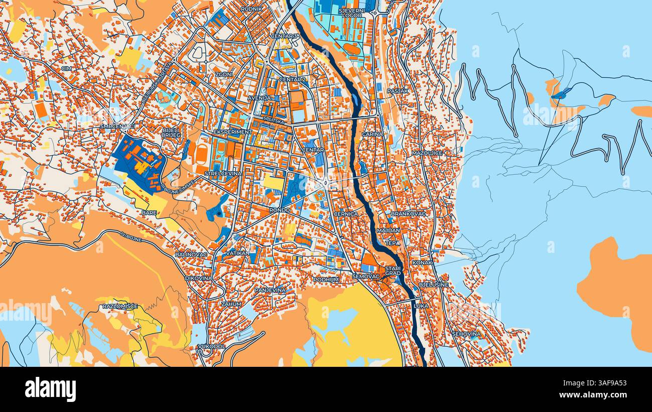 Colorful Mostar Art Map with Labels and Buildings with many details for ...