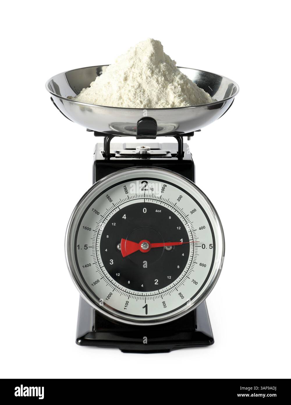 Retro mechanical kitchen scale with flour isolated on white Stock Photo ...