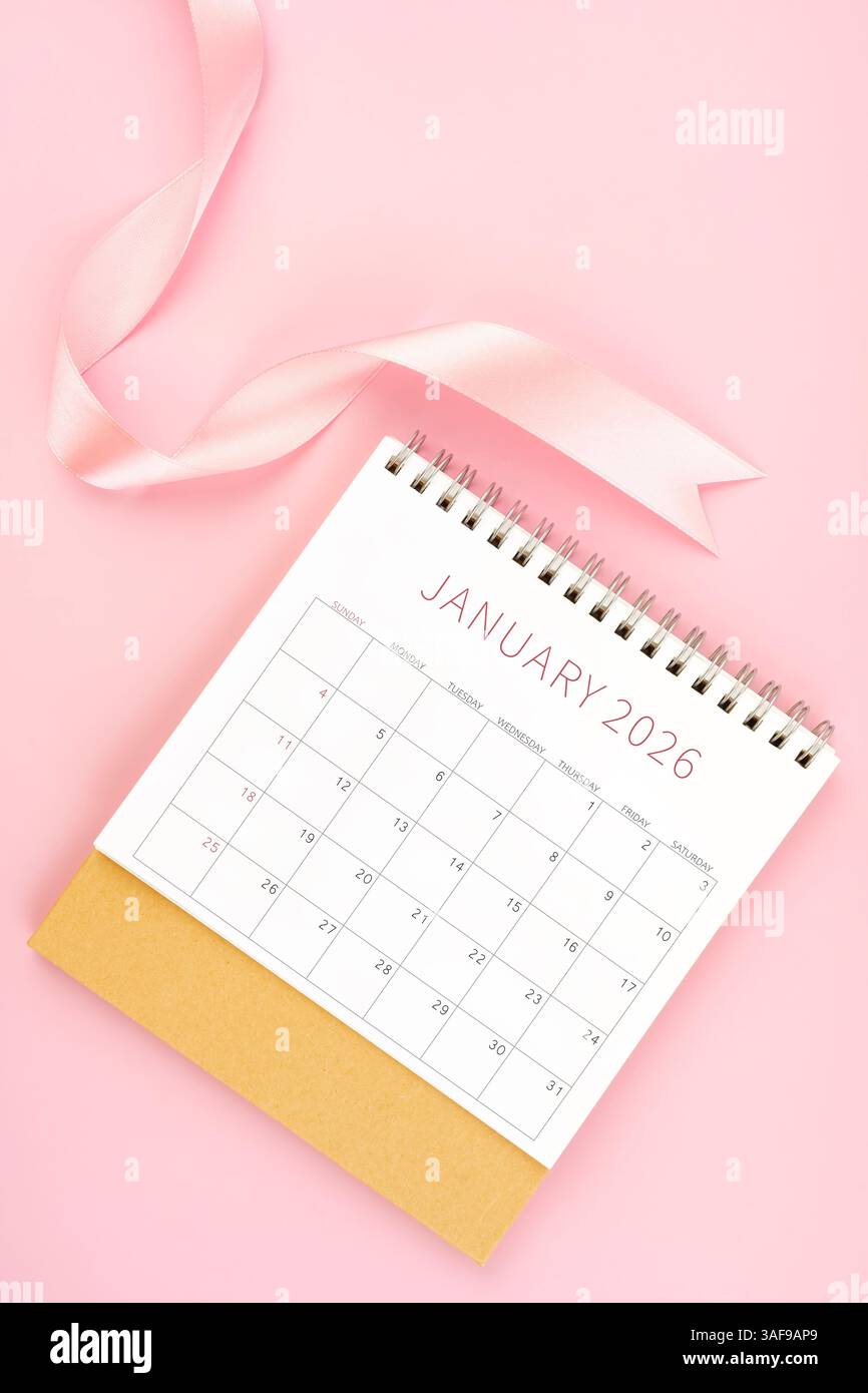 January 2026 desk calendar with pink color ribbon, Flat lay Stock Photo ...