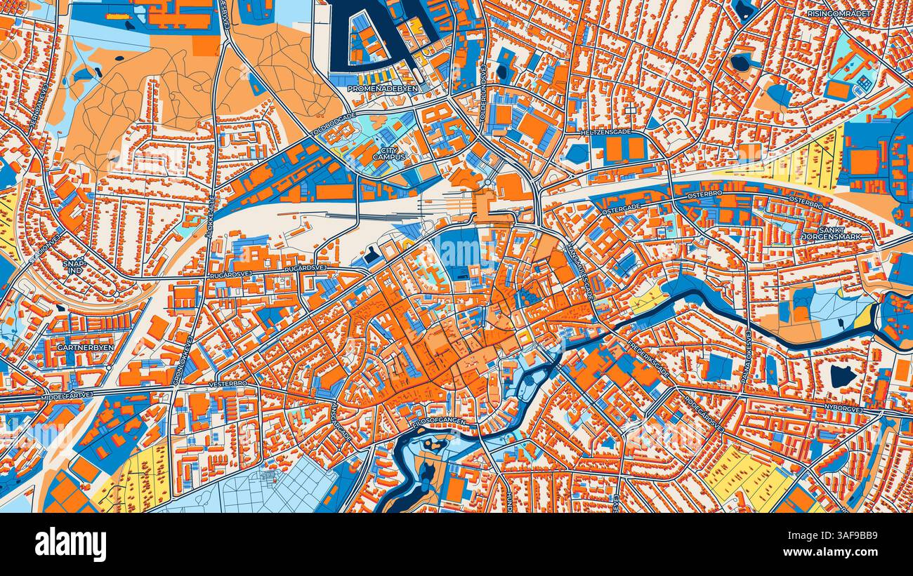Colorful Odense Art Map with Labels and Buildings with many details for ...