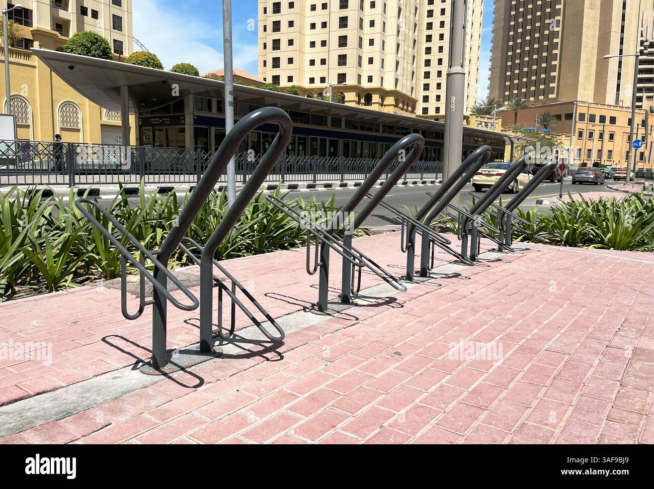 Modern empty bicycle parking racks. Urban mobility infrastructure that ...
