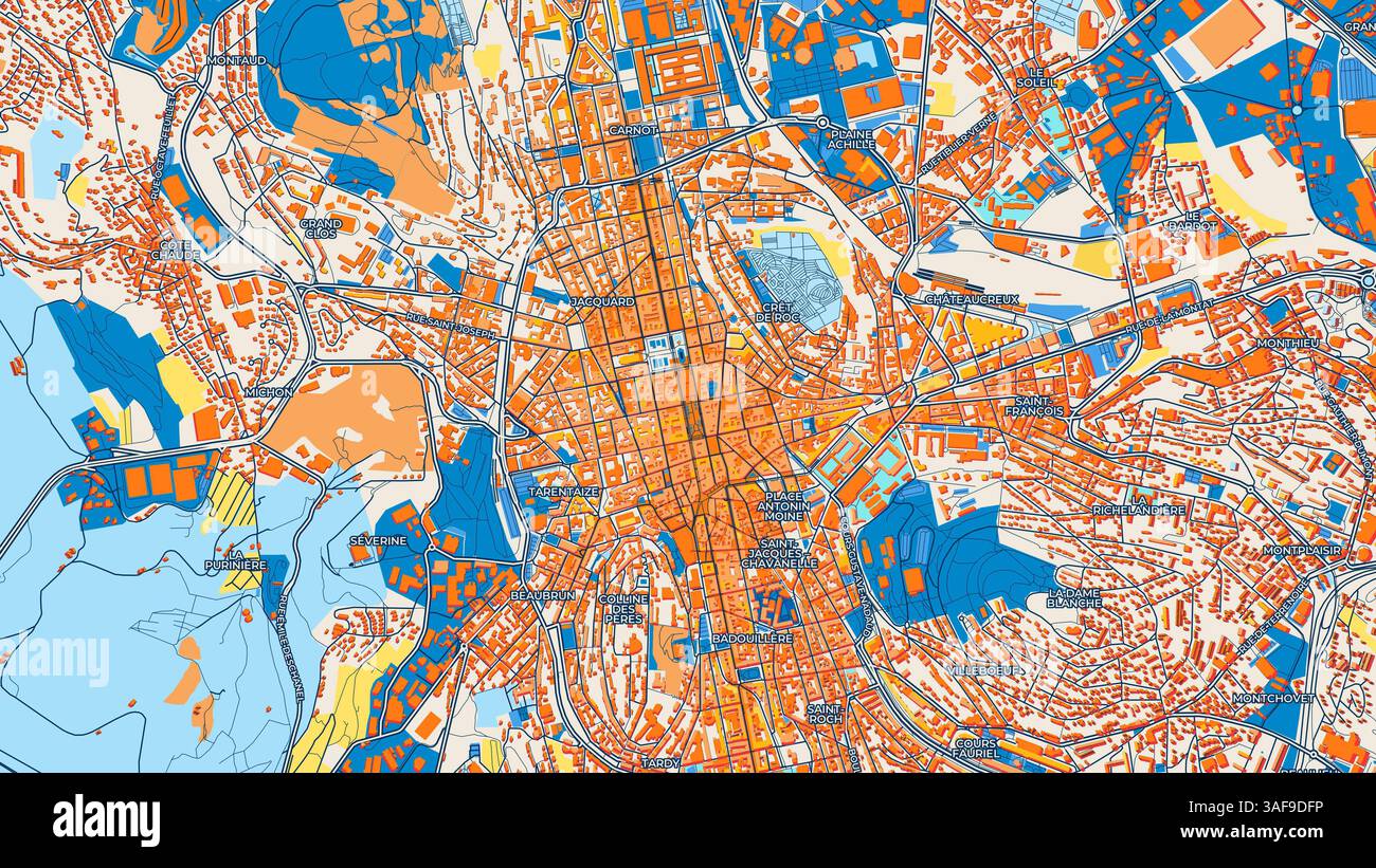 Colorful Saint-Étienne Art Map with Labels and Buildings with many ...