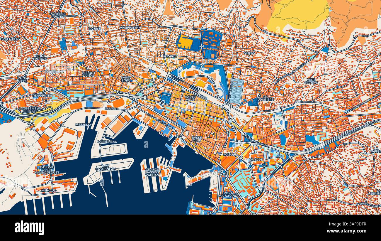 Colorful Toulon Art Map with Labels and Buildings with many details for ...