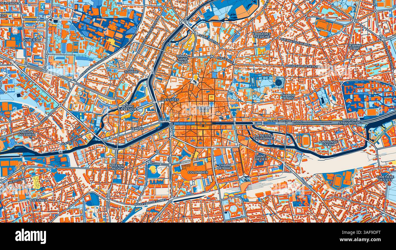 Colorful Rennes Art Map with Labels and Buildings with many details for ...