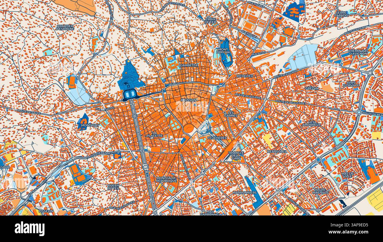 Colorful Nîmes Art Map with Labels and Buildings with many details for ...