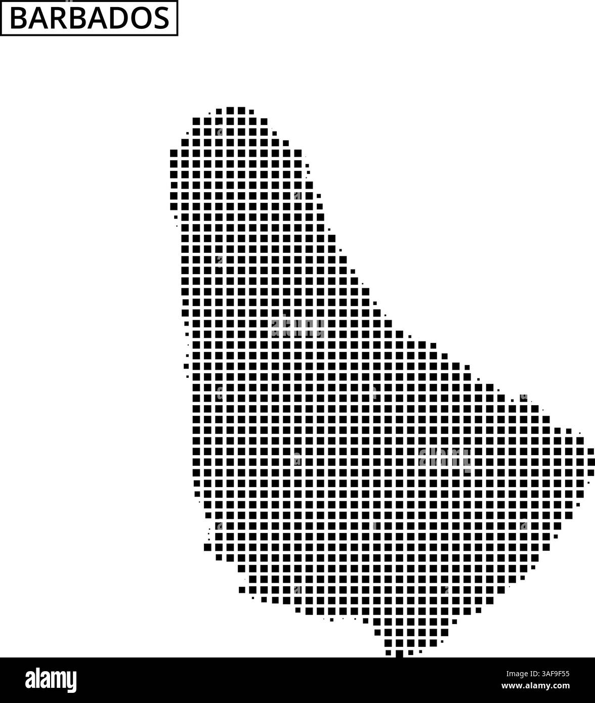 The artwork displays a dot pattern silhouette of Barbados, showcasing ...