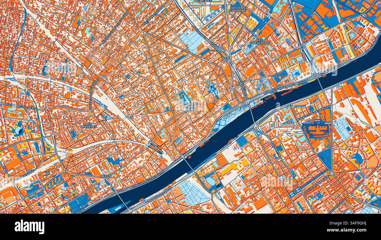 Colorful Asnières-sur-Seine Art Map with Labels and Buildings with many ...