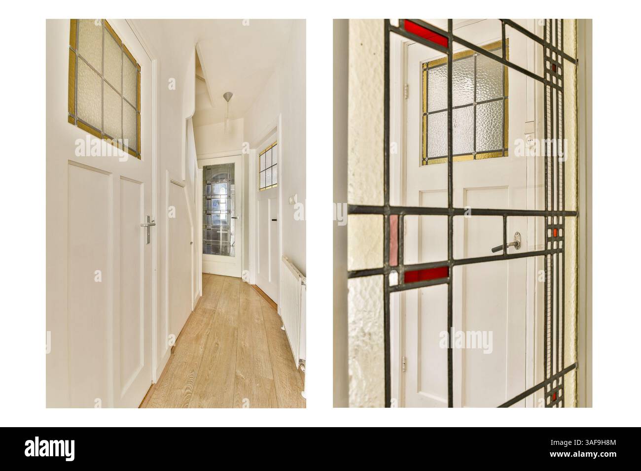 A well-lit interior hallway featuring white doors and elegant glass ...