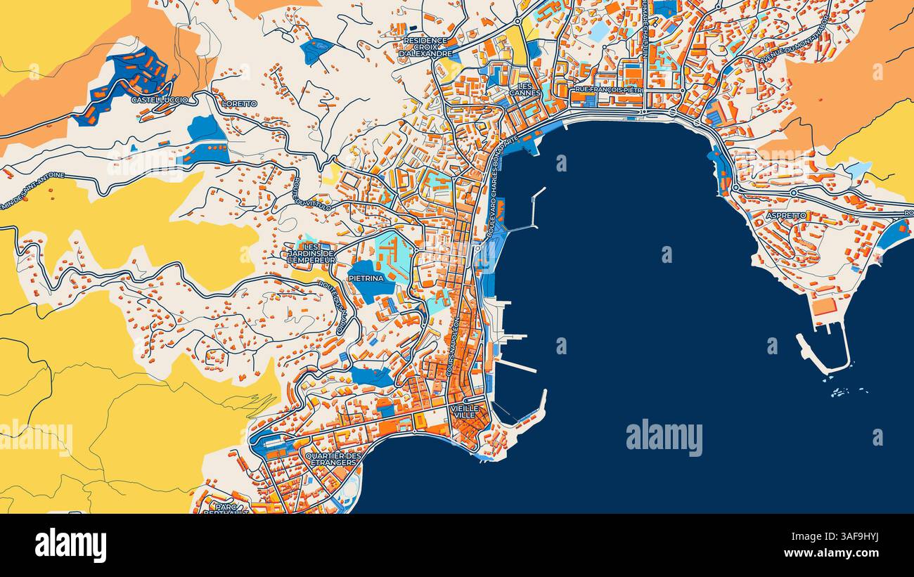 Colorful Ajaccio Art Map with Labels and Buildings with many details ...