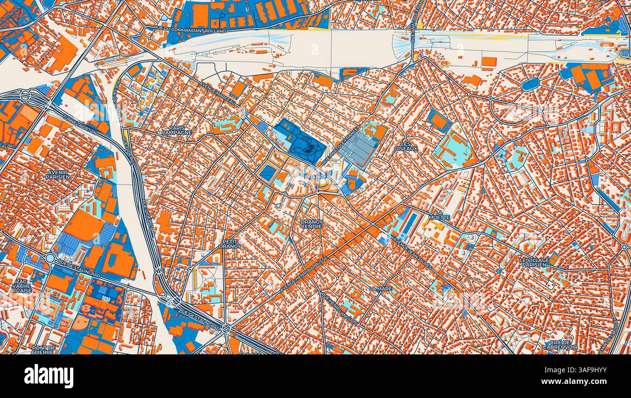 Colorful Drancy Art Map with Labels and Buildings with many details for ...