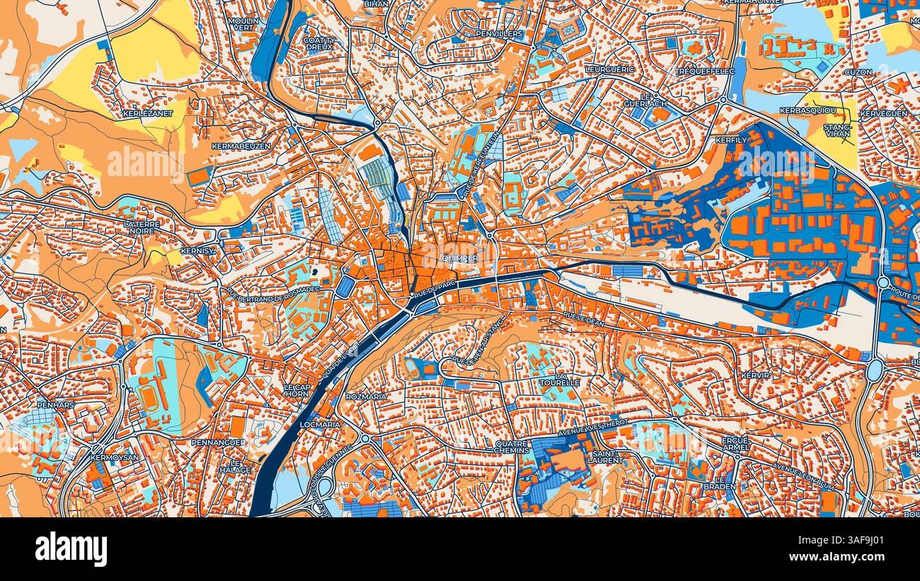 Colorful Quimper Art Map with Labels and Buildings with many details ...