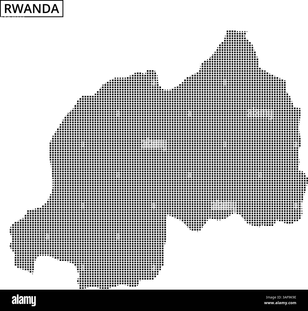 Dot-styled representation of Rwanda showcases its geography, emphasizing landforms and borders ...