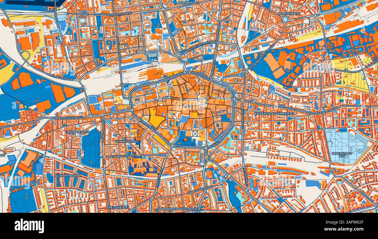 Colorful Dortmund Art Map with Labels and Buildings with many details for urban roads, paths and ...