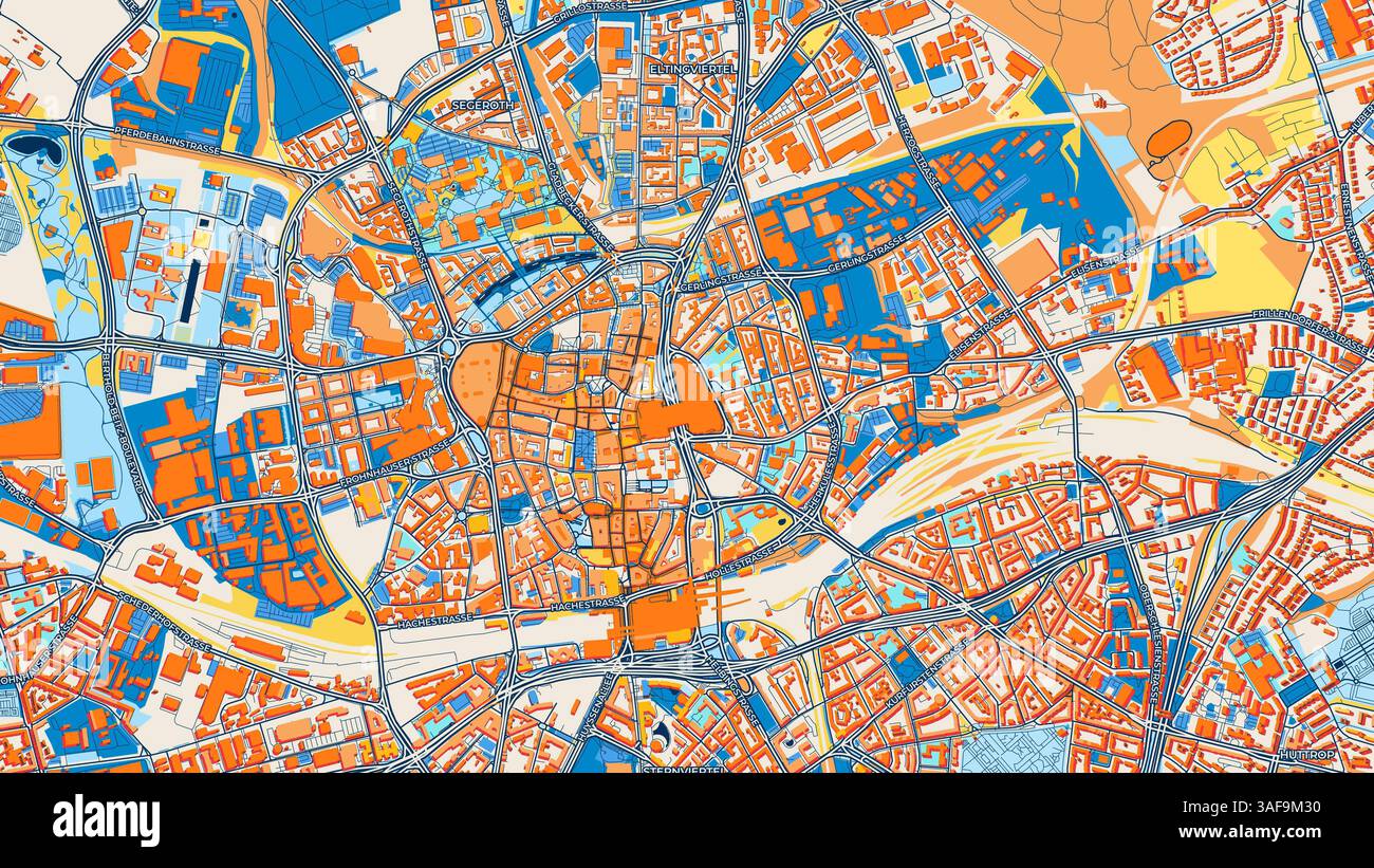 Colorful Essen Art Map with Labels and Buildings with many details for ...