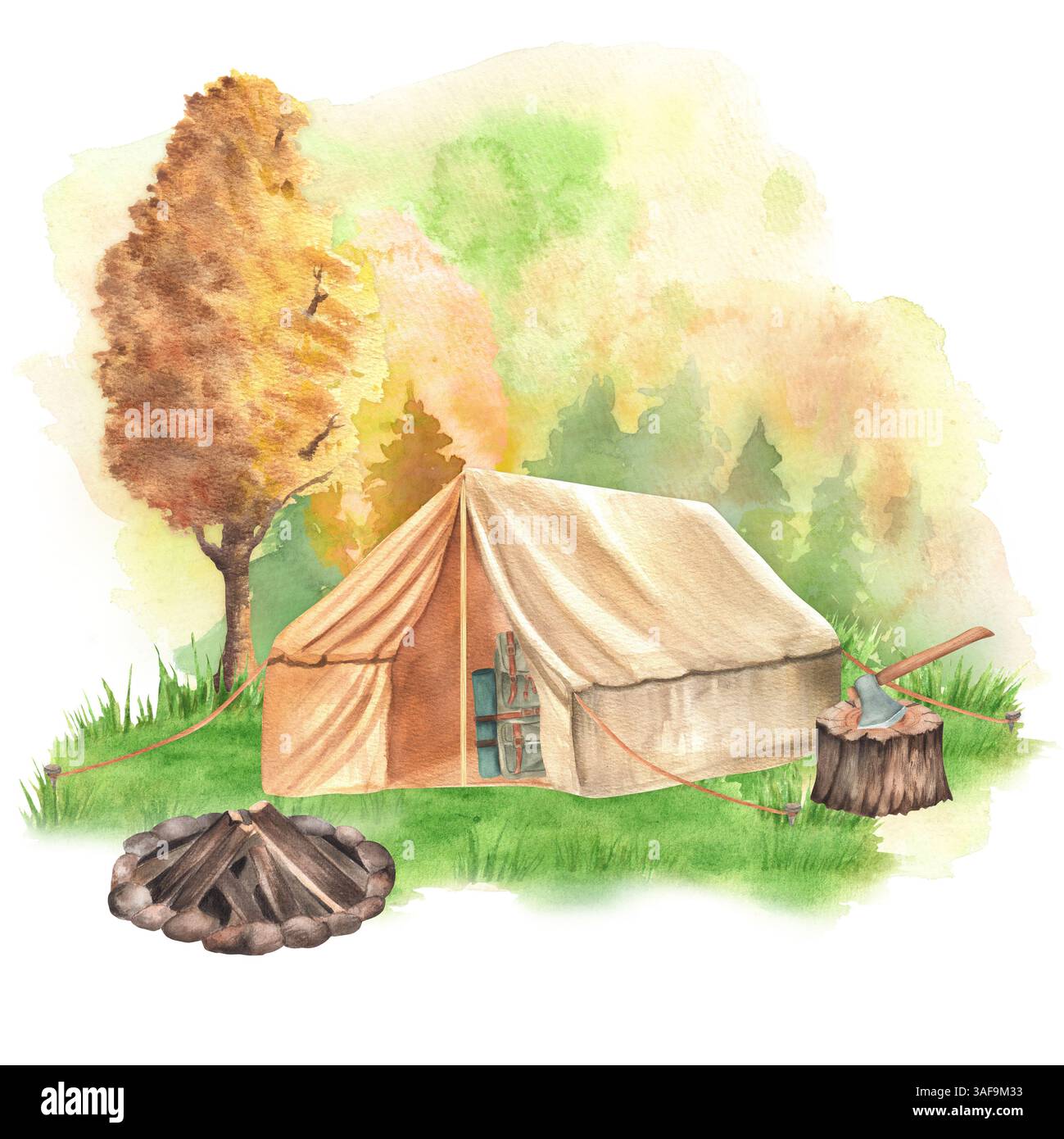 Equipment camping in forest Cut Out Stock Images & Pictures - Alamy