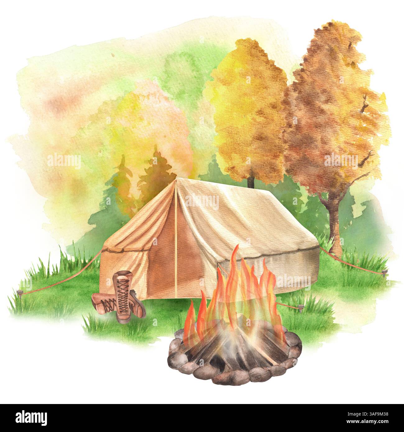 Camping scene with autumn trees mountain, a tent, a campfire and hiking ...
