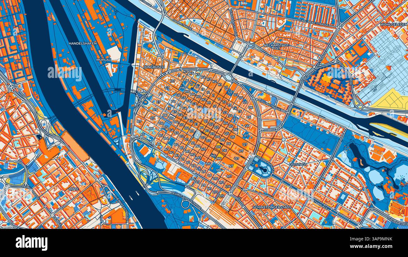 Colorful Mannheim Art Map with Labels and Buildings with many details ...