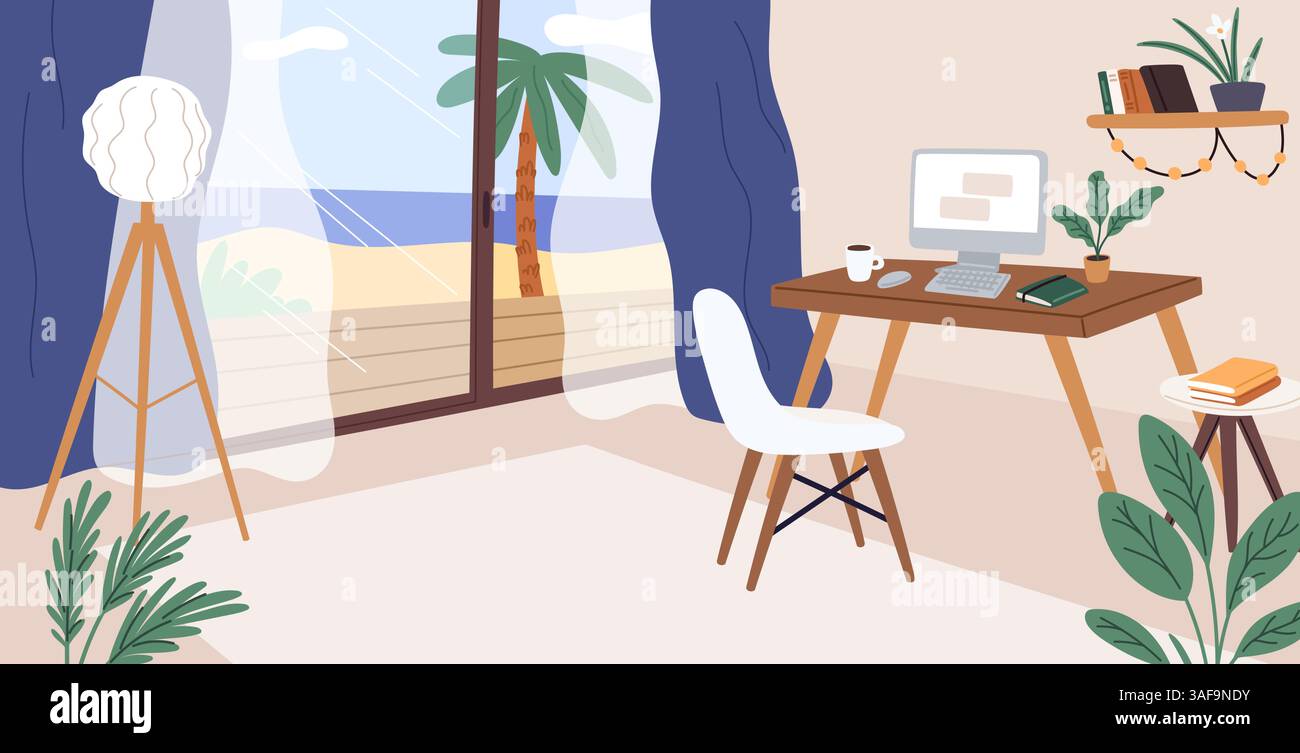 Home office interior. Freelancer workplace with desk and computer. Resort beach. Lamp light ...