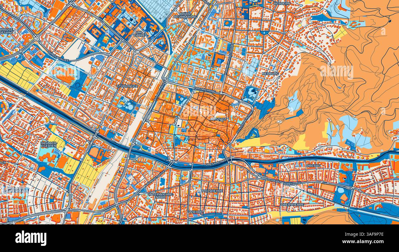 Colorful Freiburg im Breisgau Art Map with Labels and Buildings with ...