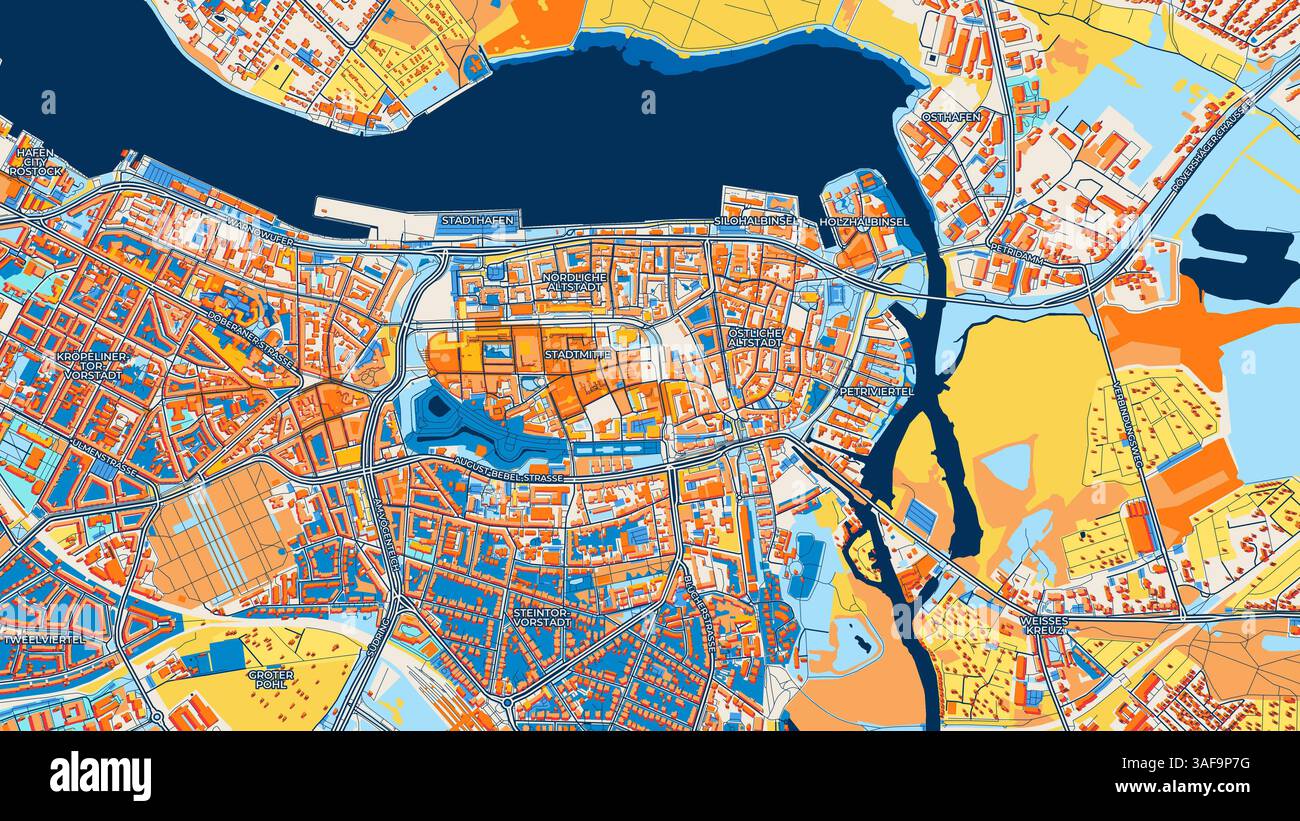 Colorful Rostock Art Map with Labels and Buildings with many details ...