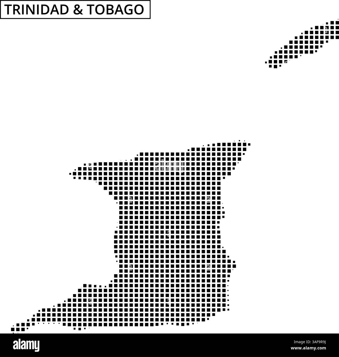 A black dot outline of Trinidad displays its unique shape and ...