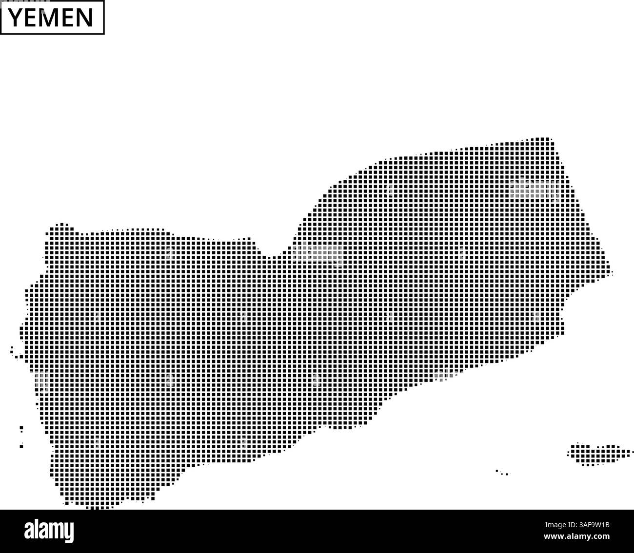 This map outline of Yemen displays a dotted pattern, illustrating notable geographical features ...