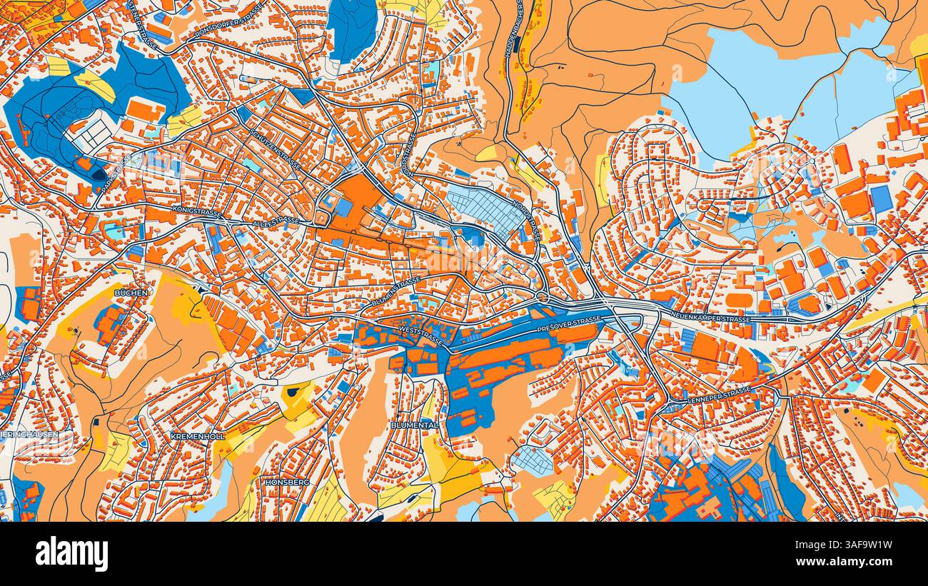 Colorful Remscheid Art Map with Labels and Buildings with many details ...