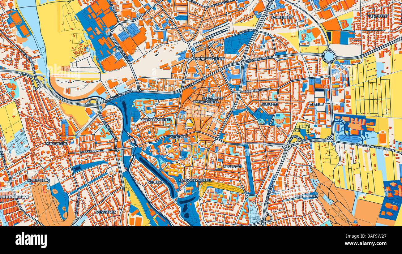 Colorful Hildesheim Art Map with Labels and Buildings with many details ...