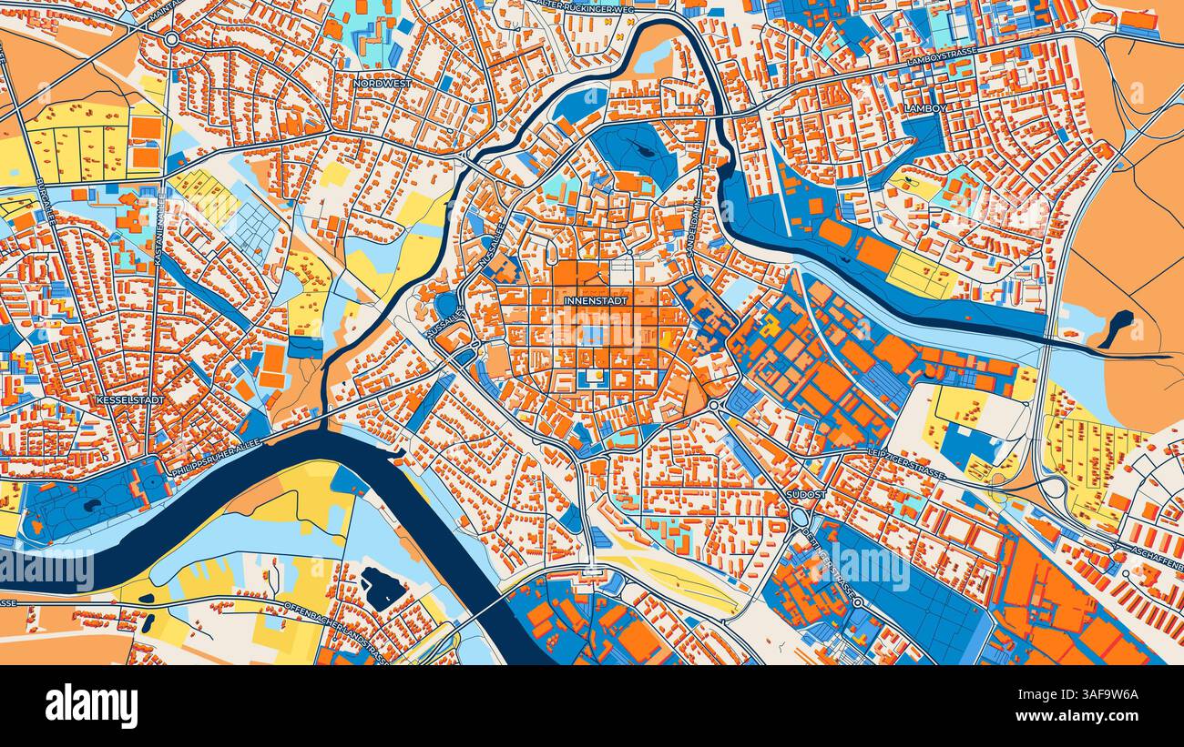 Colorful Hanau Art Map with Labels and Buildings with many details for ...