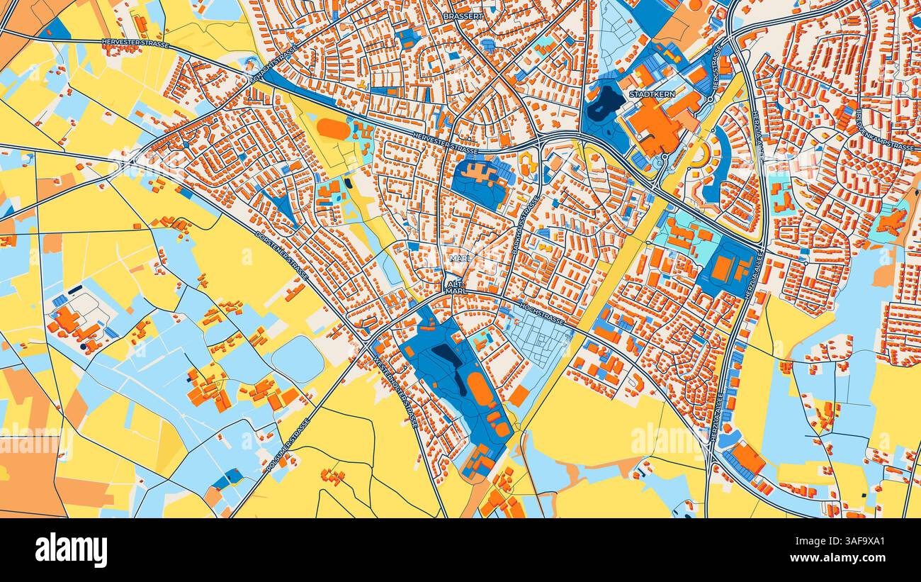 Colorful Marl Art Map with Labels and Buildings with many details for ...