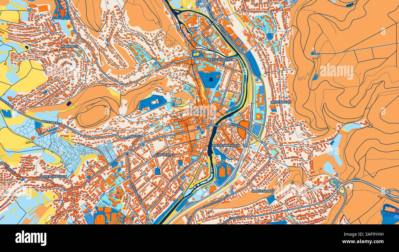 Colorful Marburg Art Map with Labels and Buildings with many details ...