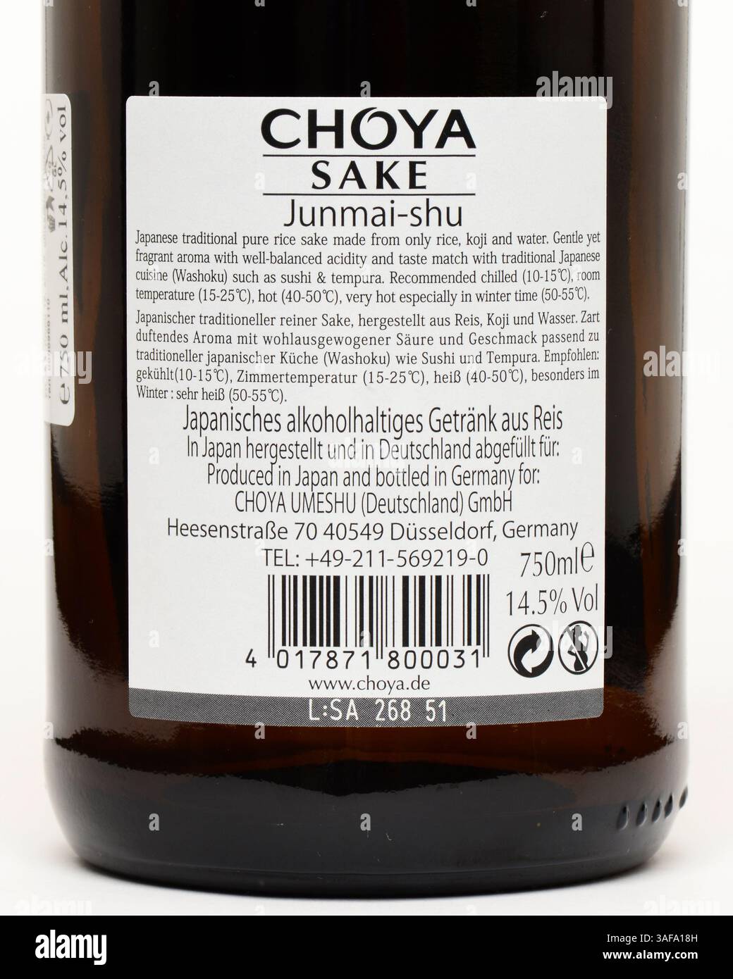 Choya sake Junmai-shu Japanese rice alcoholic drink back label with ...