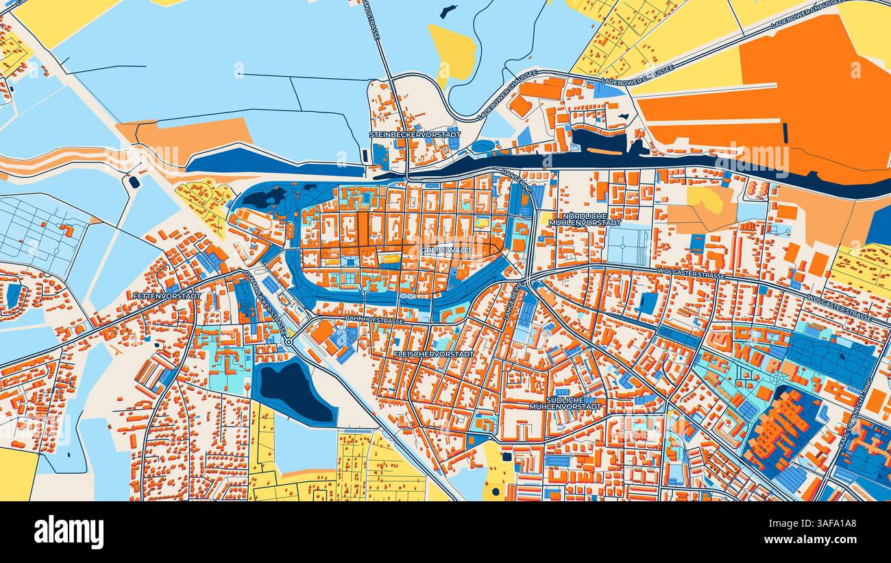 Colorful Greifswald Art Map with Labels and Buildings with many details ...