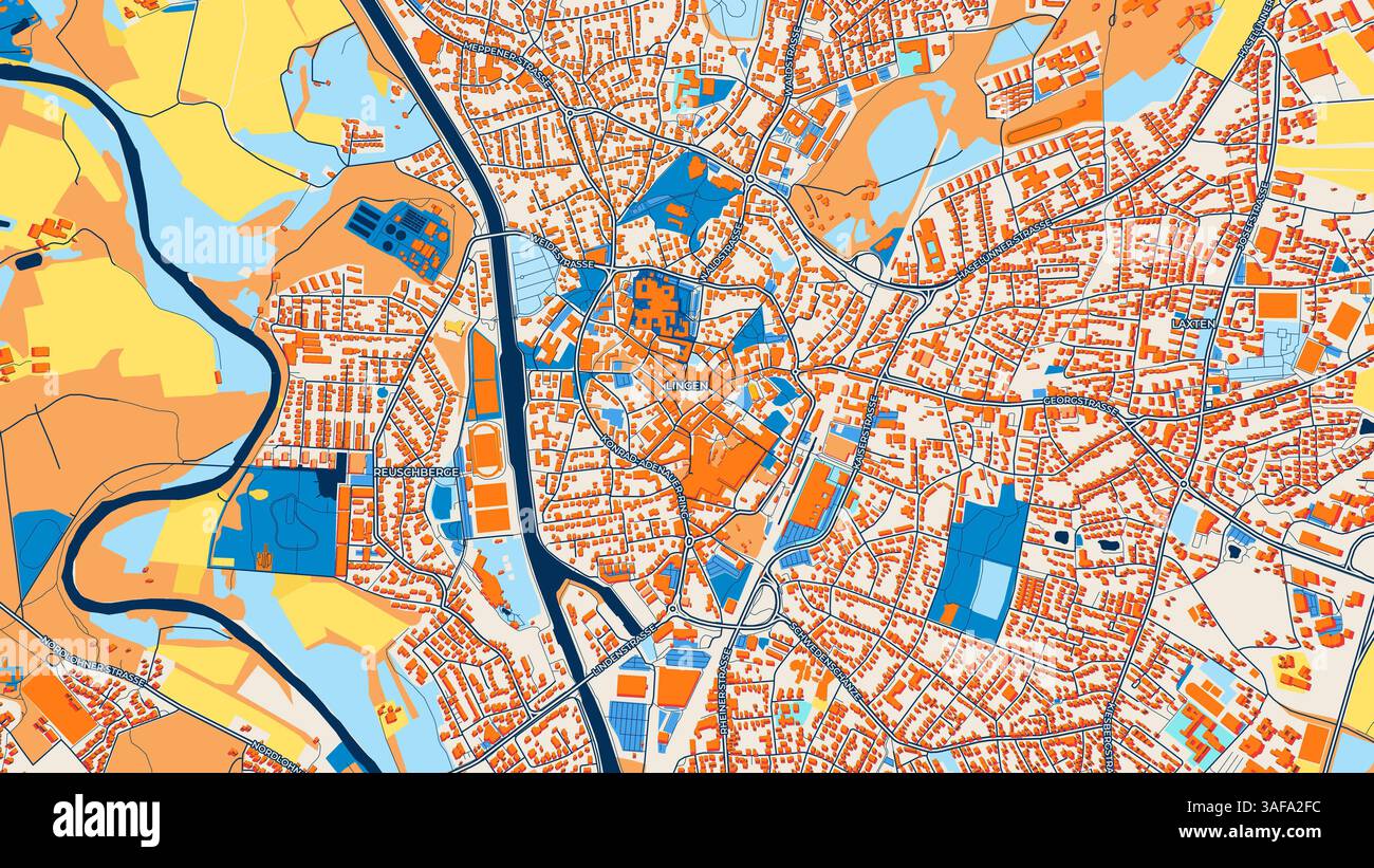 Colorful Lingen (Ems) Art Map with Labels and Buildings with many ...