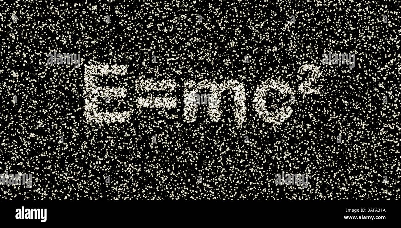 A field of atom icons in varying sizes arranged to form the formula E ...