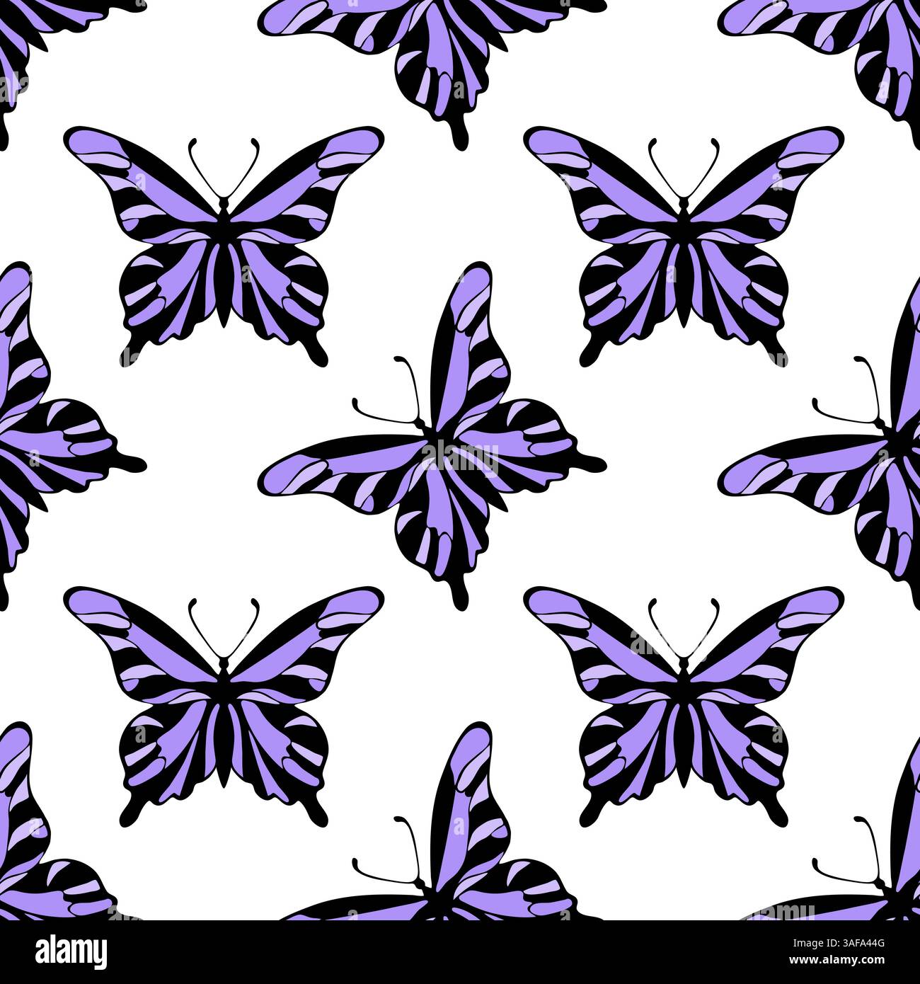 Pattern with purple butterflies, hand drawn outline butterflies, on ...
