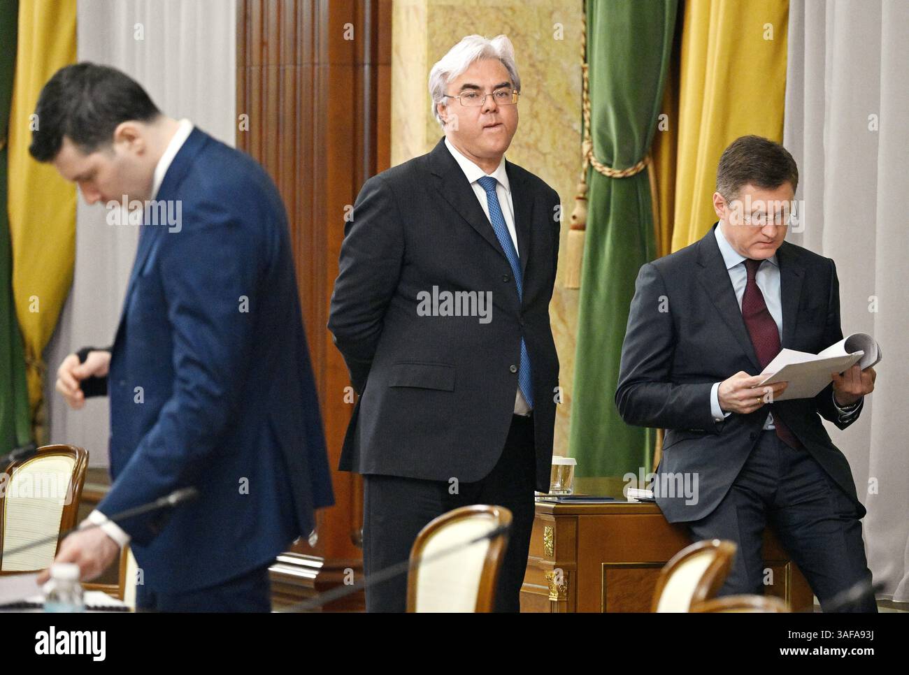 Moscow, Russia. 07th Apr, 2025. From left to right: Russian Minister of Industry and Trade Anton ...