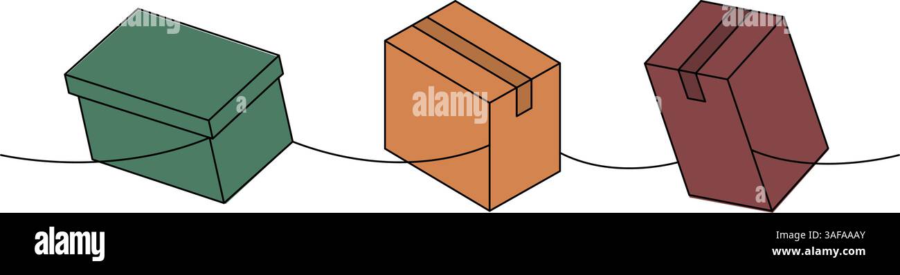 Cardboard boxes one line colored continuous drawing. Package cardboard ...