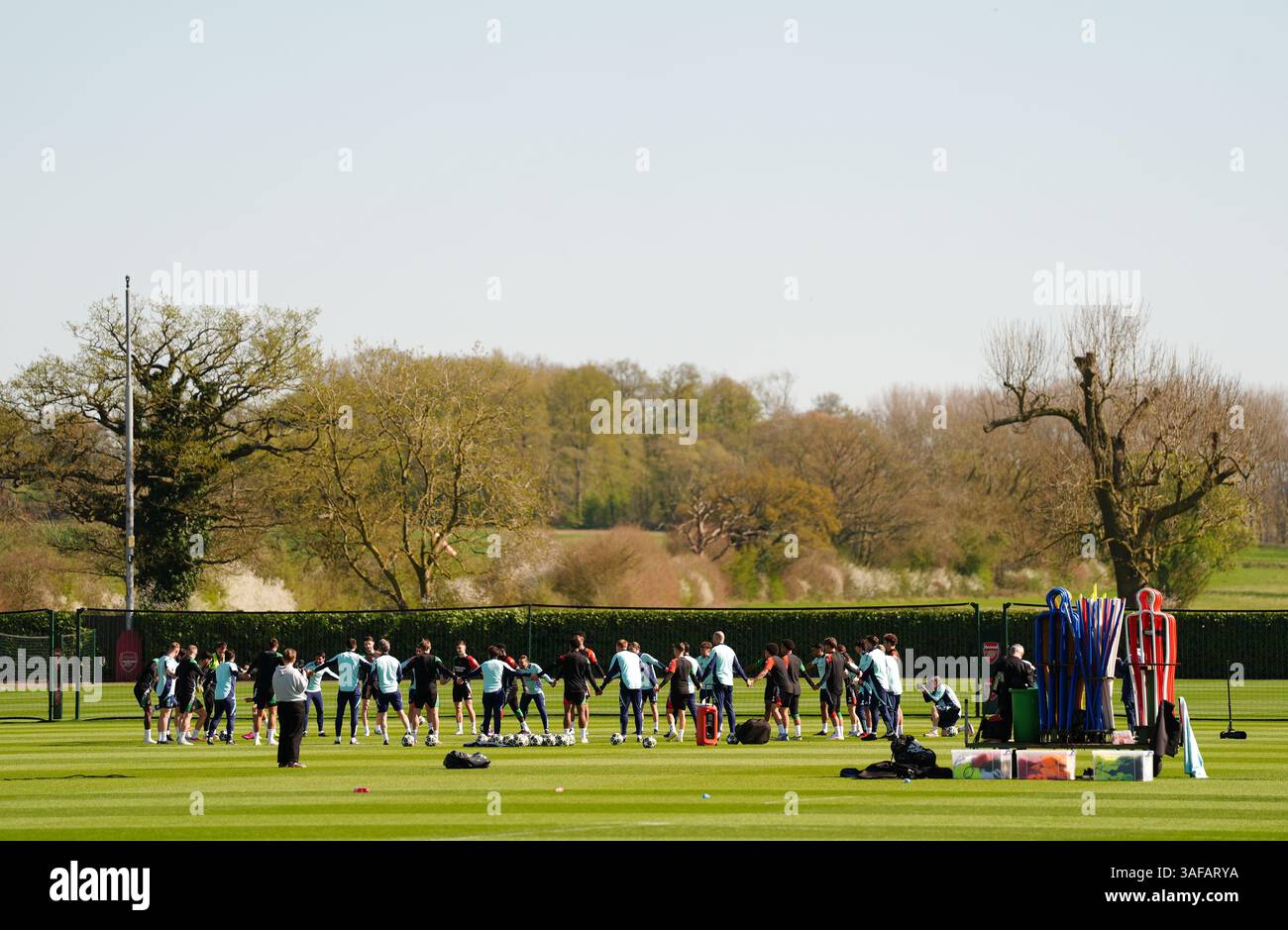 A general view of Arsenal players during a training session at the ...