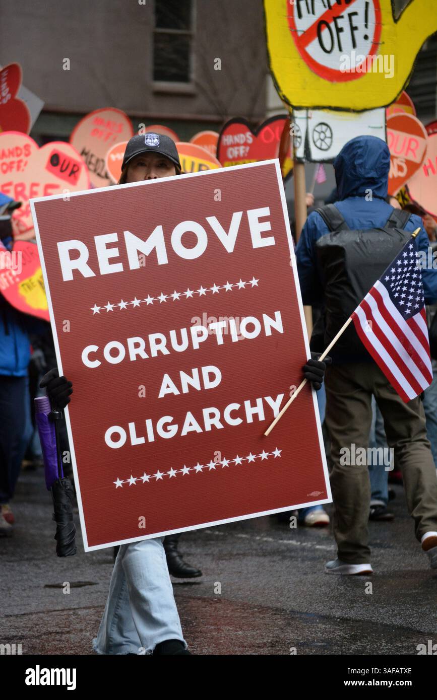 Hands Off rally against Donald Trump and DOGE marching down Fifth ...