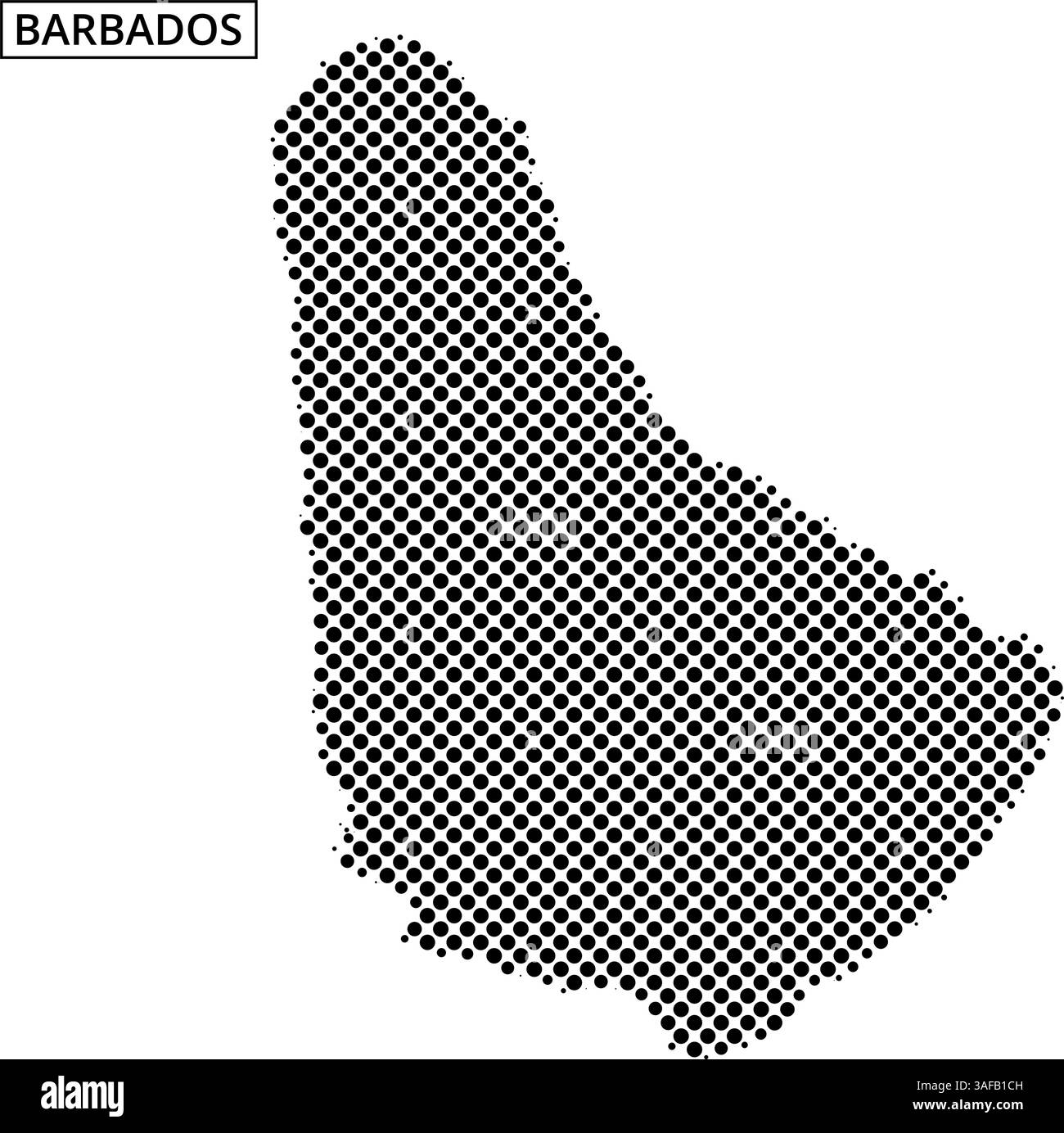 The artwork displays a dot pattern silhouette of Barbados, showcasing ...