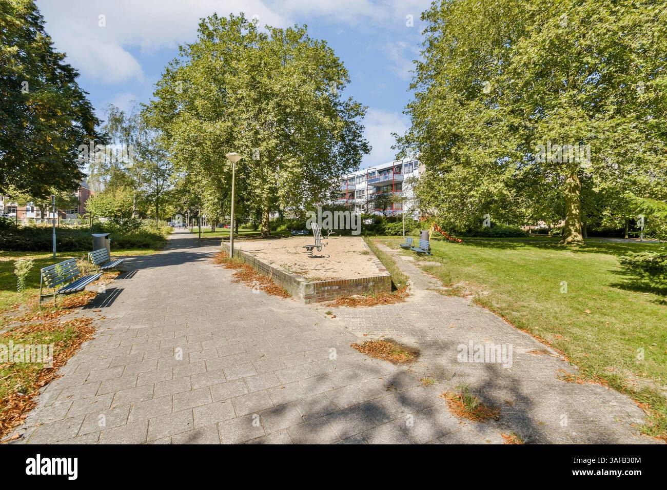A tranquil park scene featuring a winding pathway lined with lush trees ...