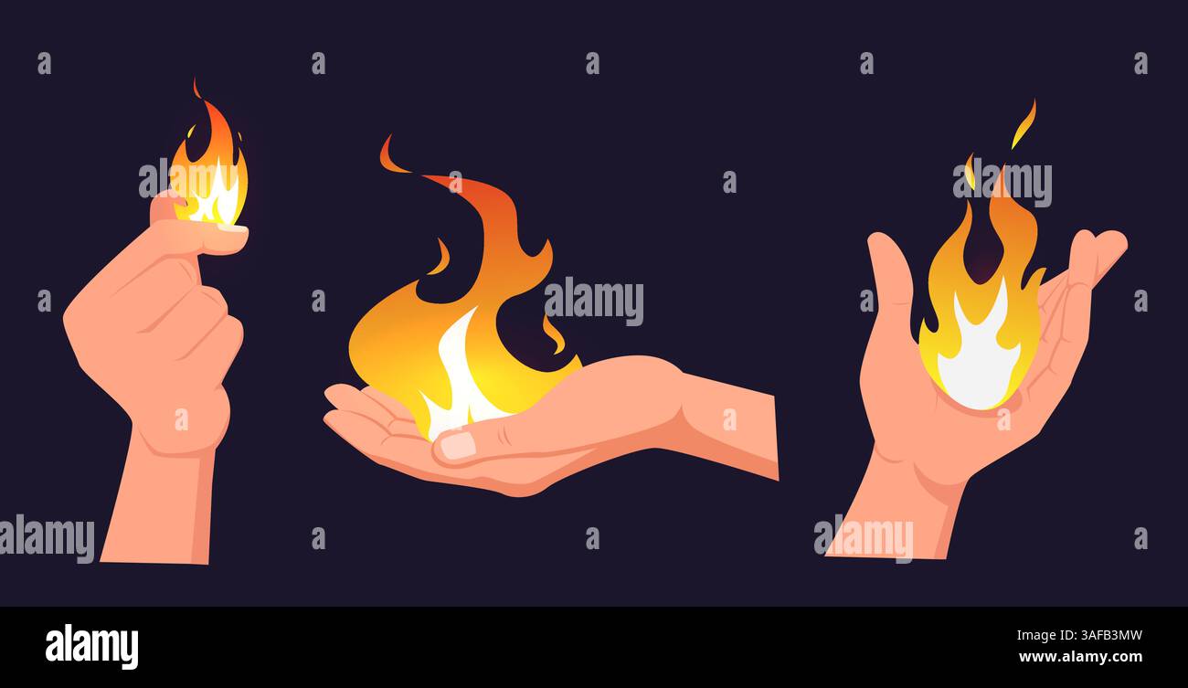 Burning flame on human palm. Fire combustion. Dark background. Magician ...