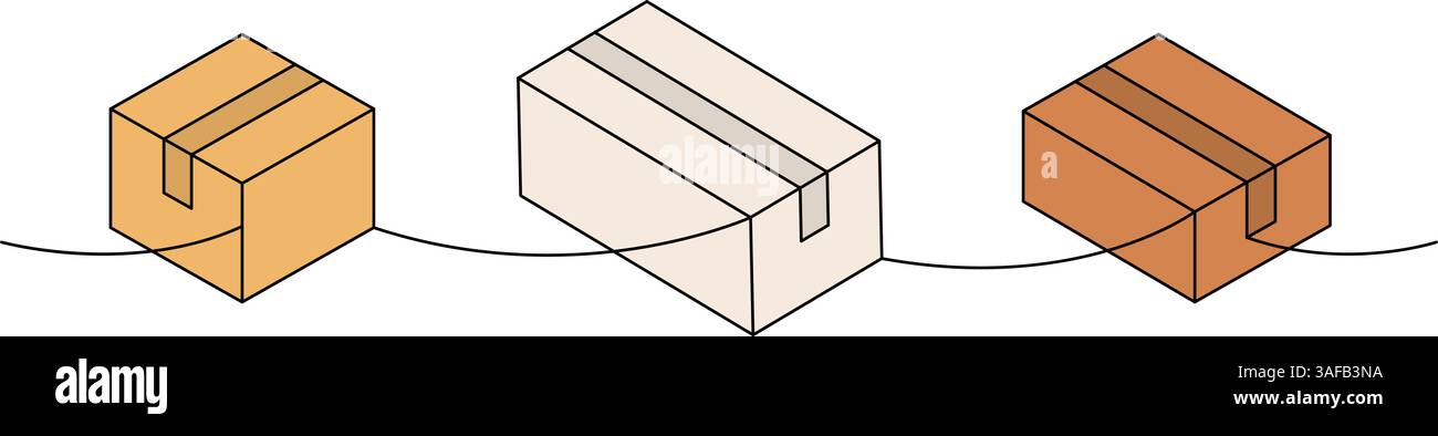 Package cardboard boxes one line colored continuous drawing. Carton ...
