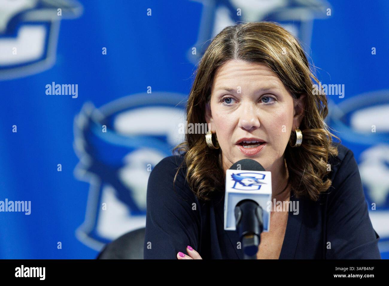 Kirsten Bernthal Booth speaks at a press conference at Sokol Arena in ...