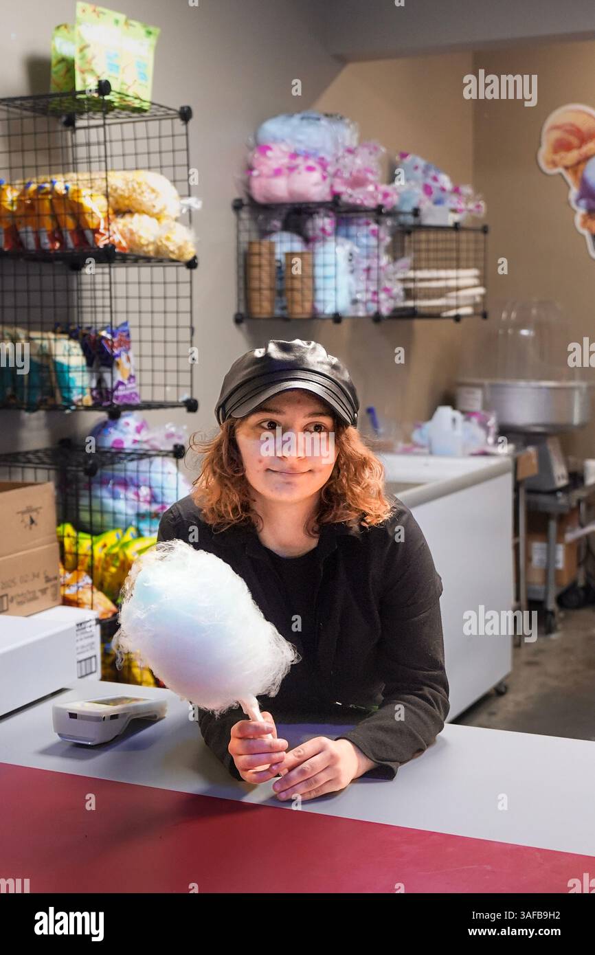 Moose Jaw, Can. 30th Mar, 2025. Snack Shack kiosk supervisor, Kathrine Martens, is photographed ...