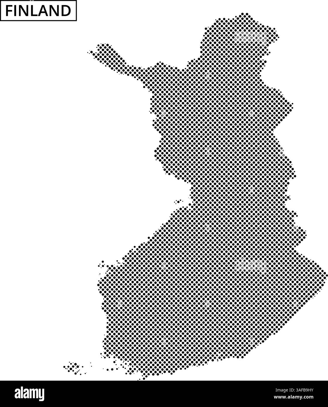 A detailed map outline of Finland is presented in a dotted monochrome ...