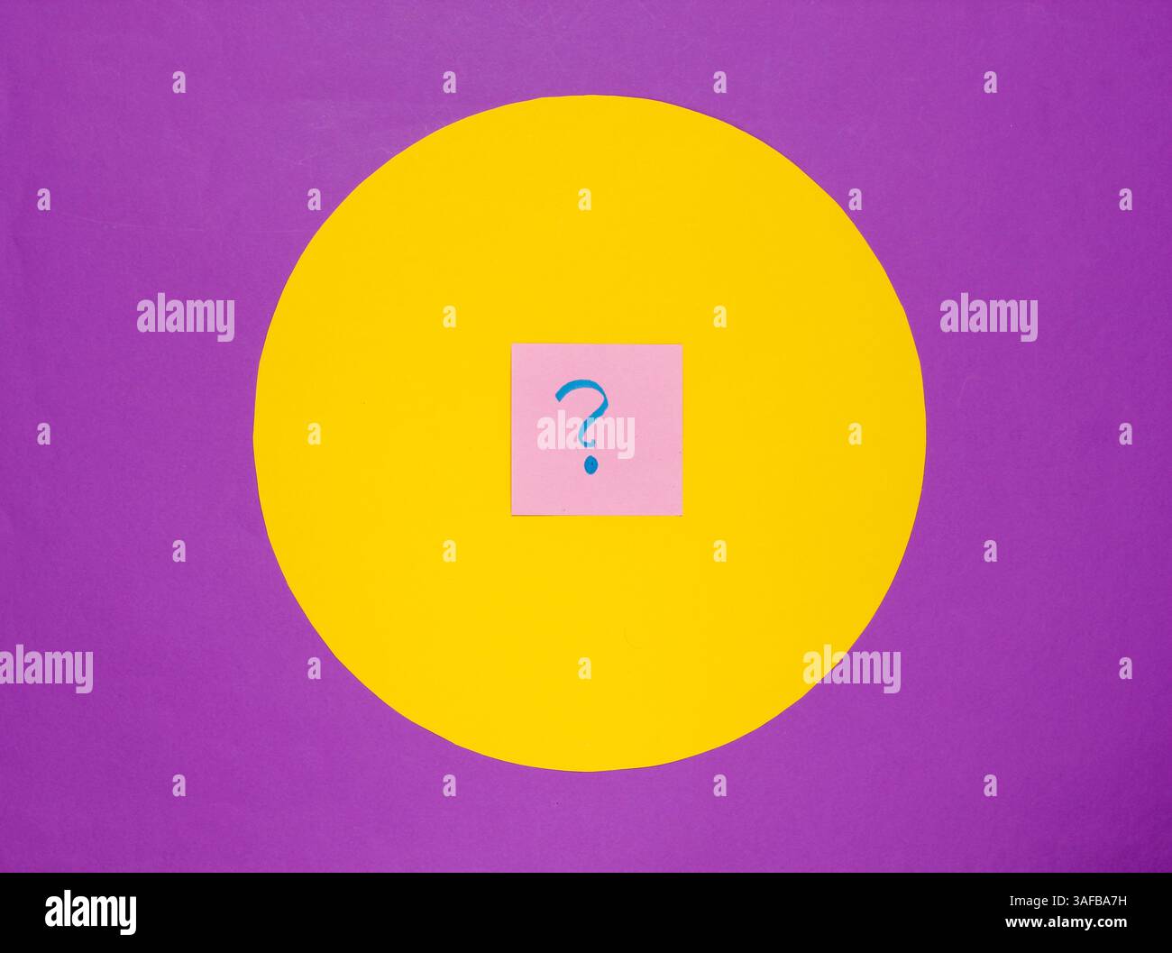 Question mark on memo piece of paper. Purple background with yellow ...