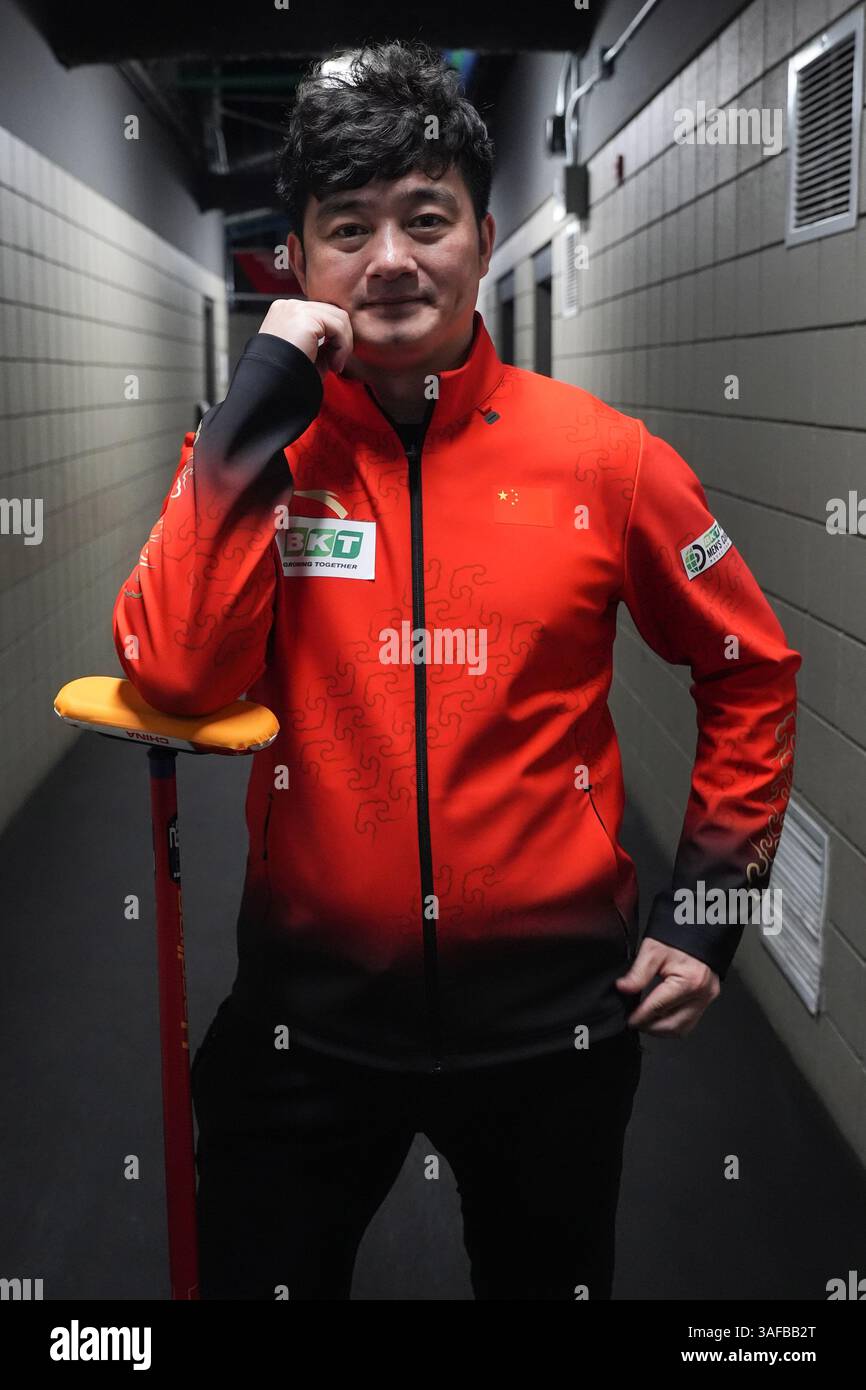 Moose Jaw, Can. 02nd Apr, 2025. China's skip Xiaoming Xu is photographed outside the team locker ...