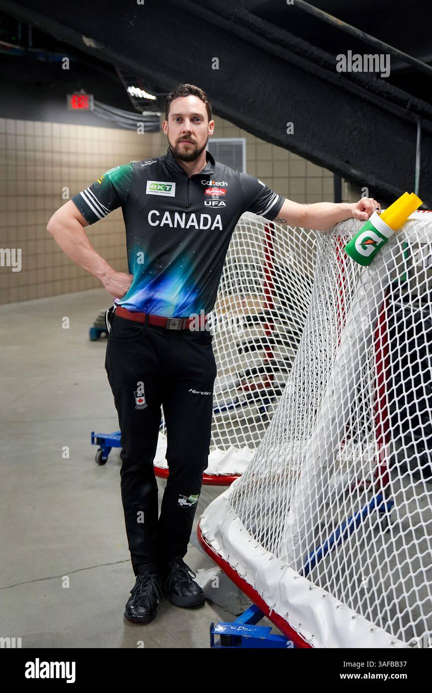 Moose Jaw, Can. 30th Mar, 2025. Canada's Brett Gallant is photographed near the team's locker ...